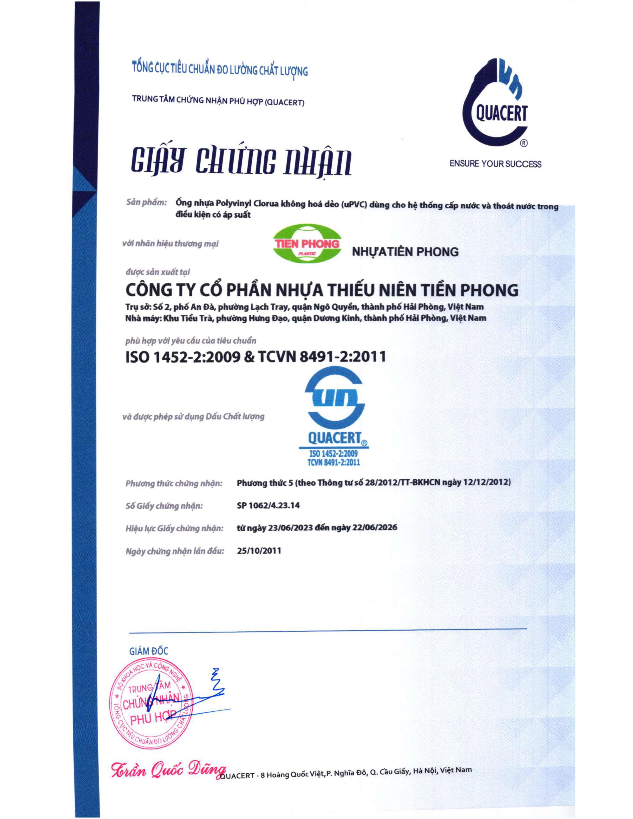 Nhựa Tiền Phong - GCN Ống uPVC TC ISO1452-2 và TCVN8491-2